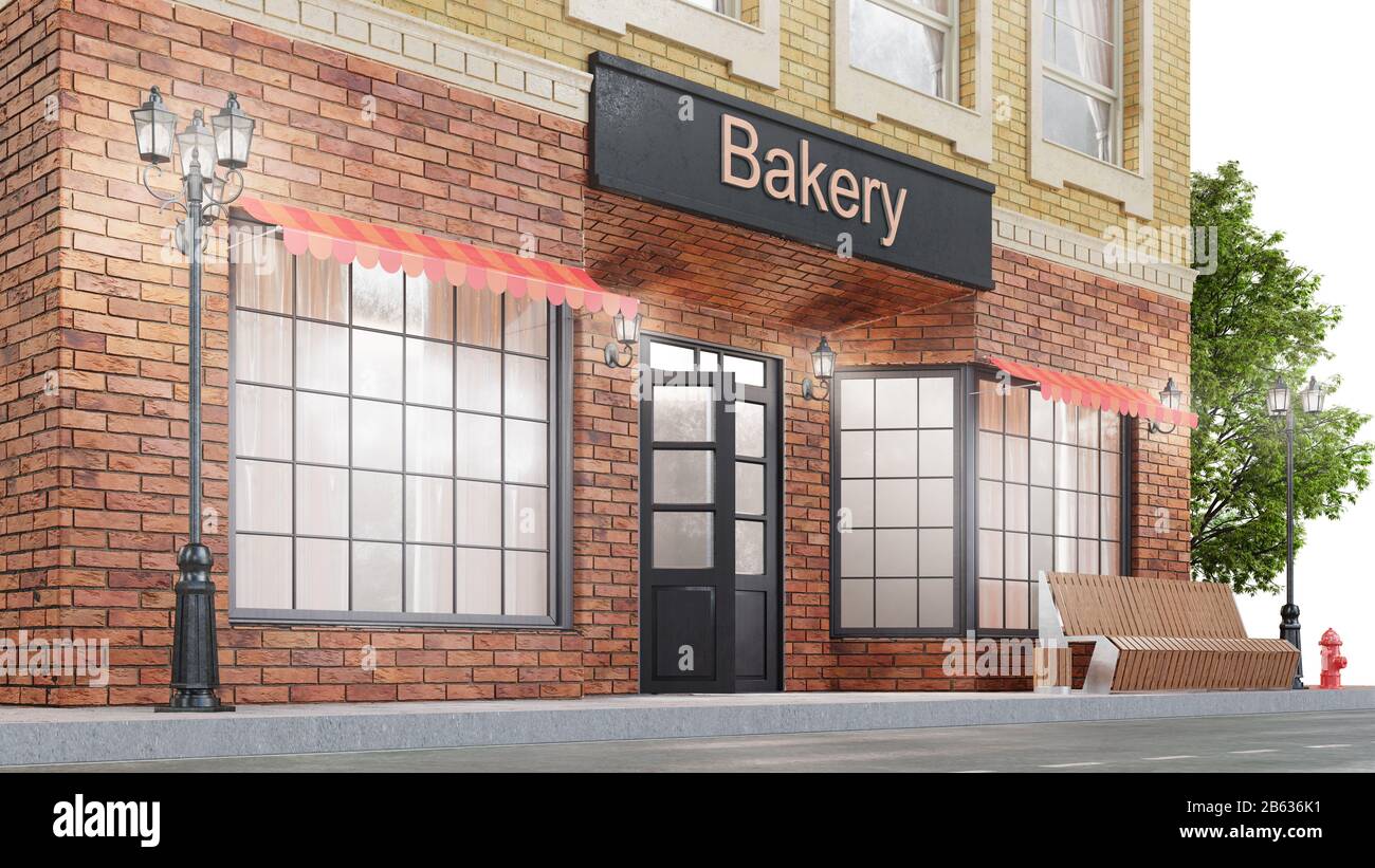 Bakery or shop with delicious pastries. Exterior of a building near the ...