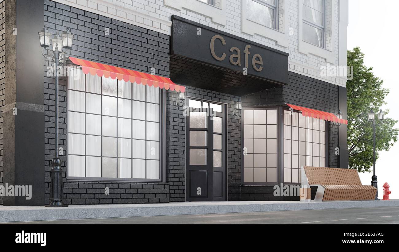 Cafe or coffee shop. Exterior of a building near the road. The view ...