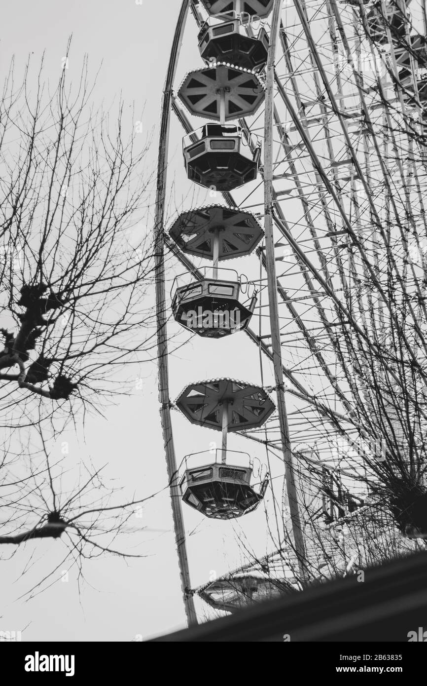 A portrait of a part of a ferris wheel shot through some trees in ...