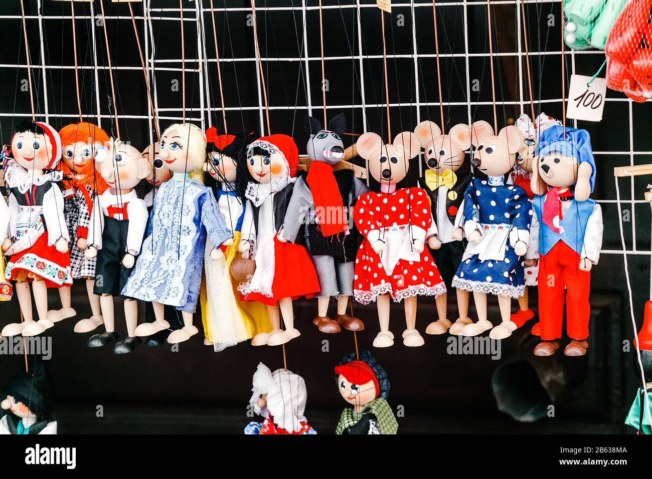 Traditional handicraft puppets are sold in a market in Prague, Czech ...