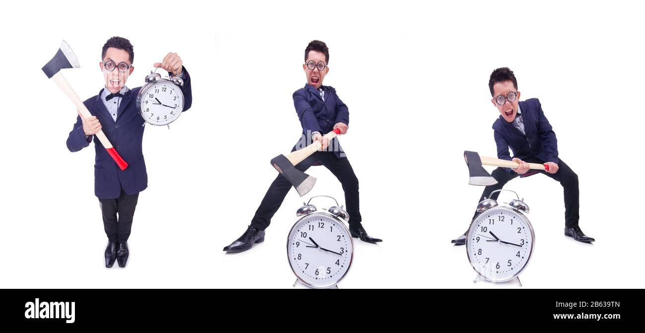 The funny man with axe and clock on white Stock Photo - Alamy