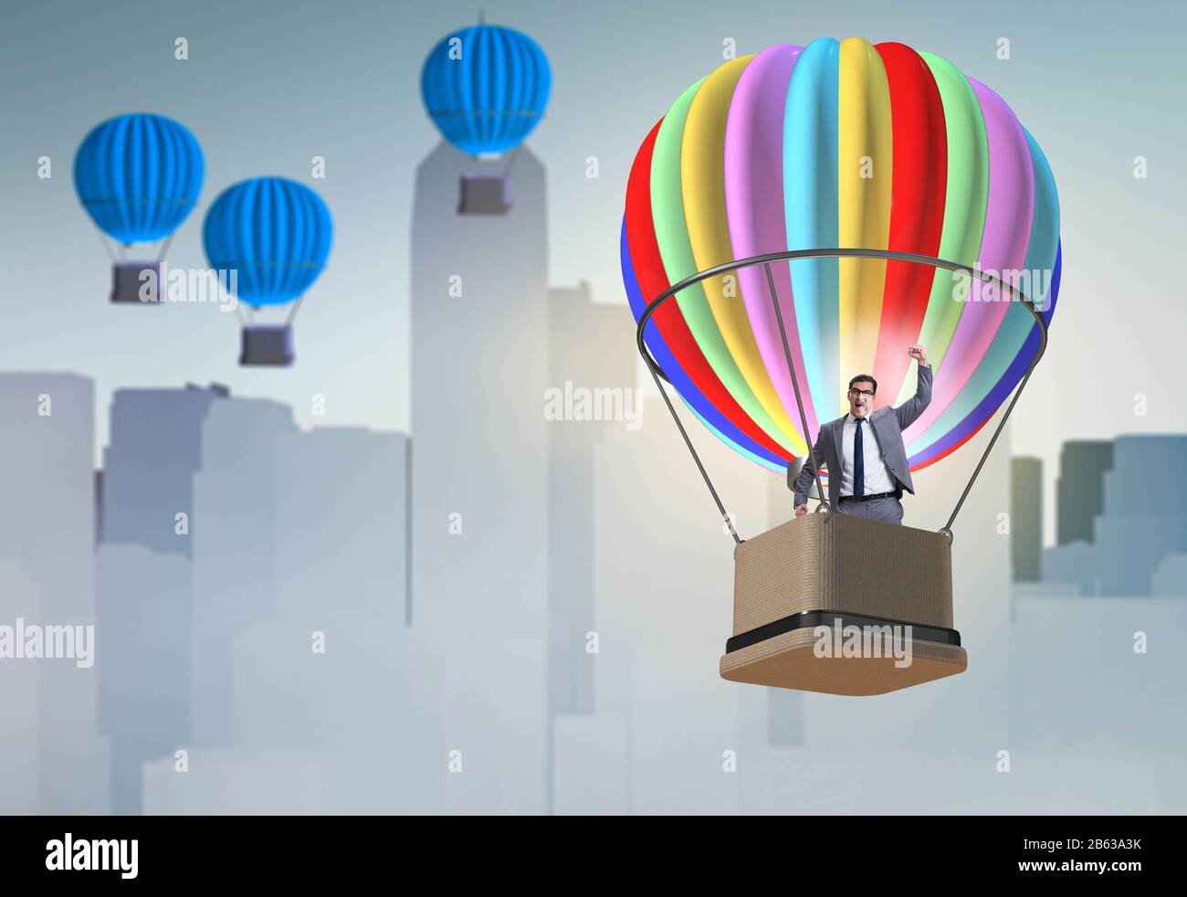 The businessman flying on balloon in challenge concept Stock Photo - Alamy