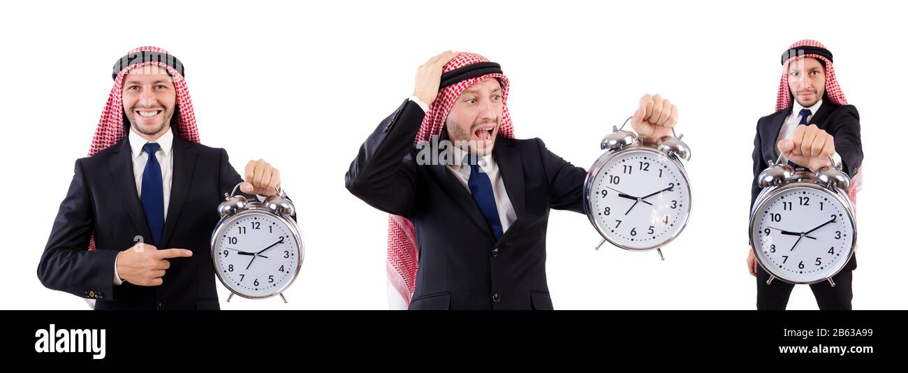 The arab man in time concept on white Stock Photo - Alamy