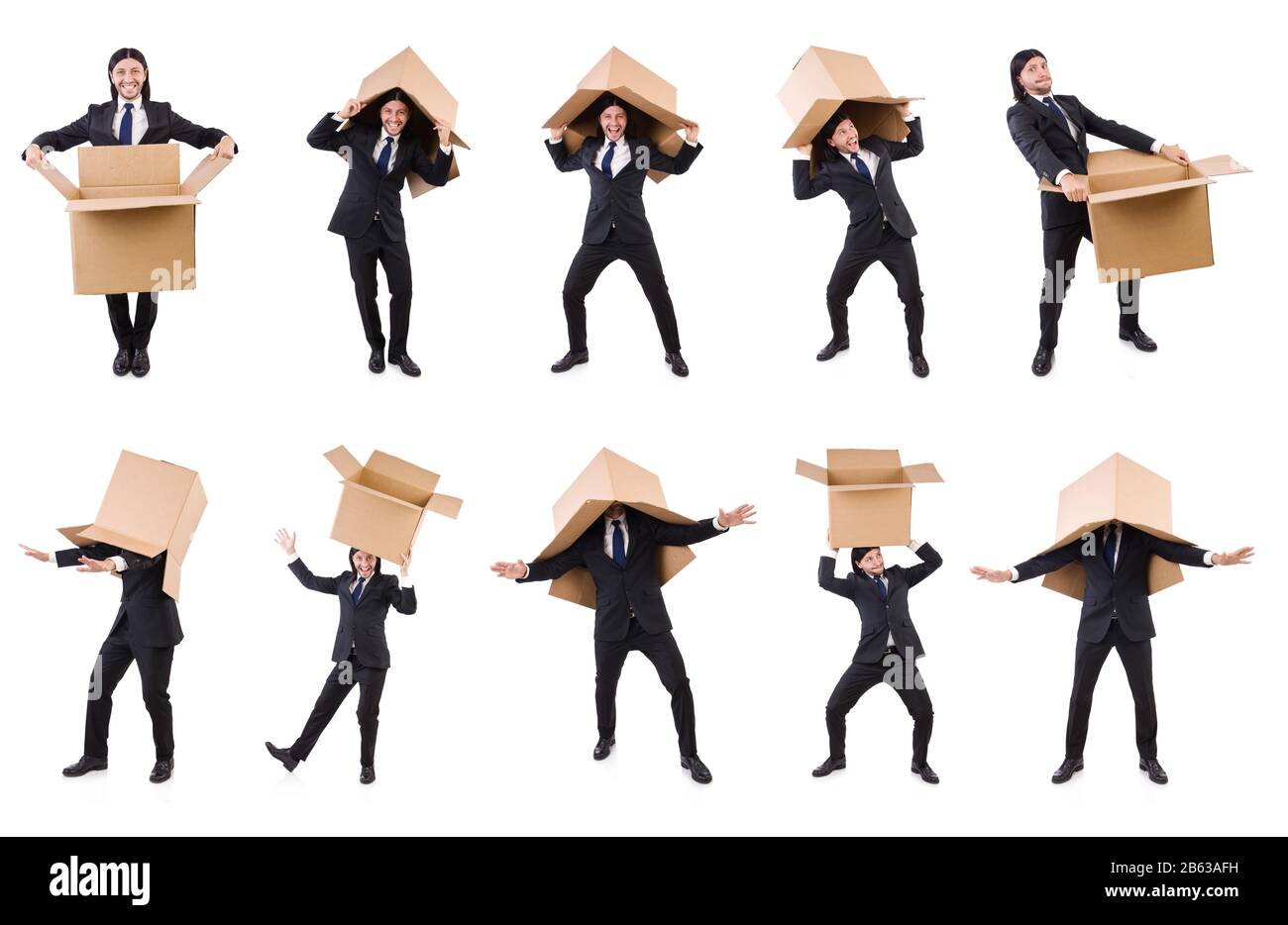 The funny man with boxes on white Stock Photo - Alamy
