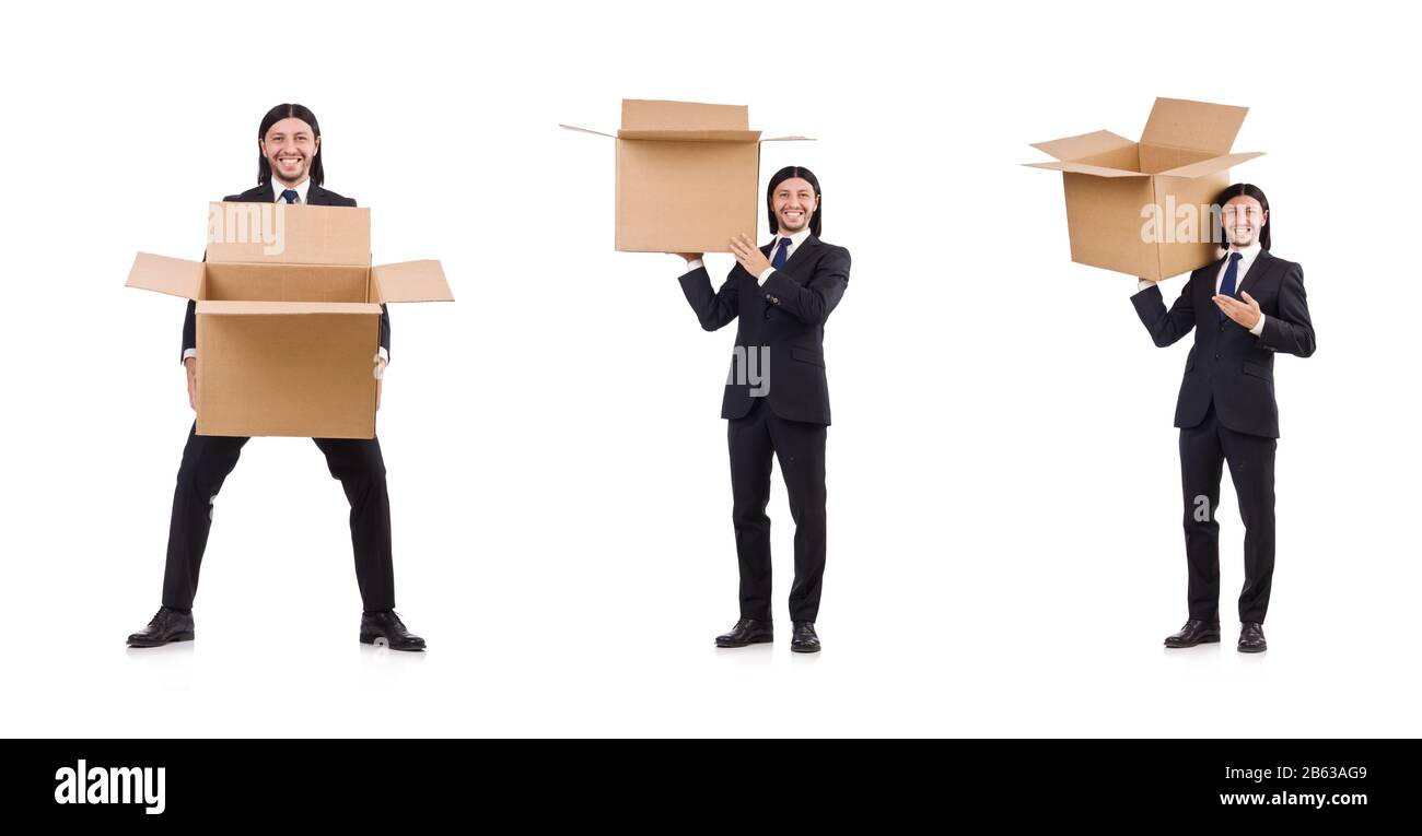 The funny man with boxes on white Stock Photo - Alamy