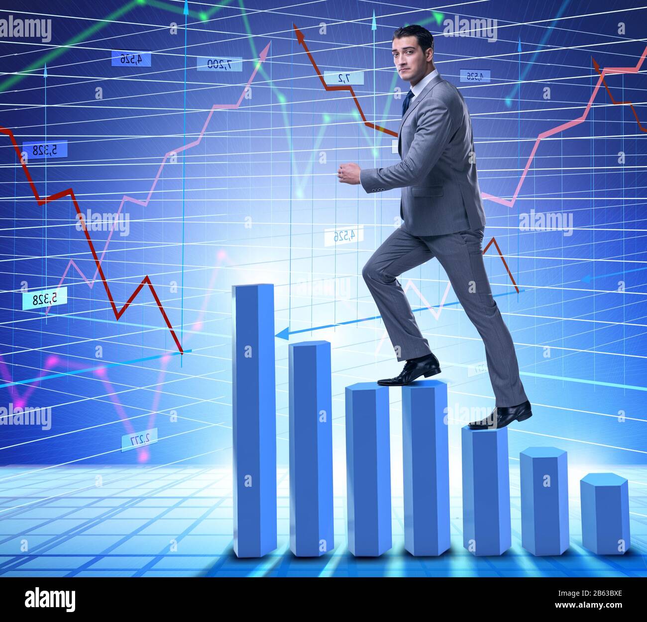 The businessman climbing bar charts in business concept Stock Photo - Alamy