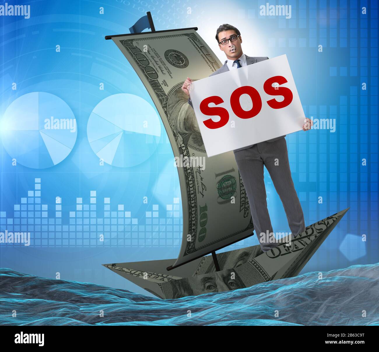 The businessman asking for help with sos message on boat Stock Photo ...