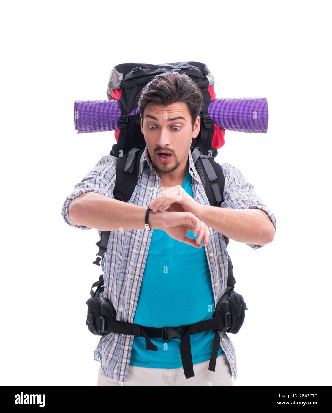 The backpacker with large backpack isolated on white Stock Photo - Alamy