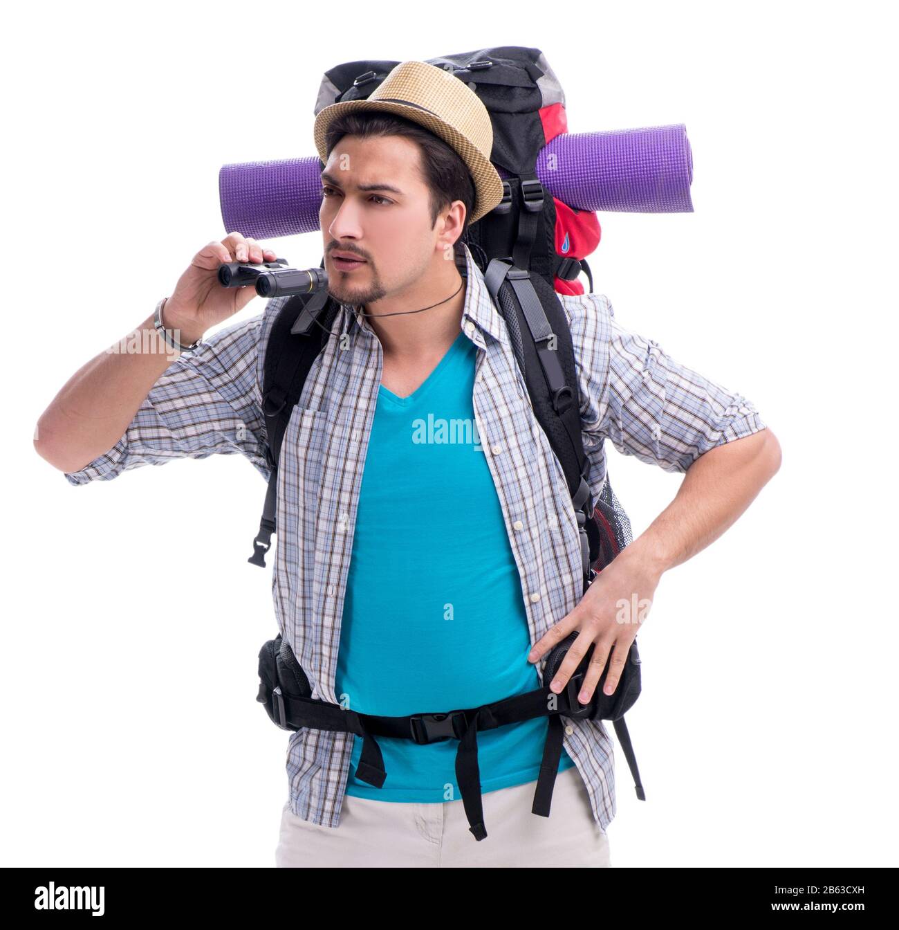 The backpacker with large backpack isolated on white Stock Photo - Alamy