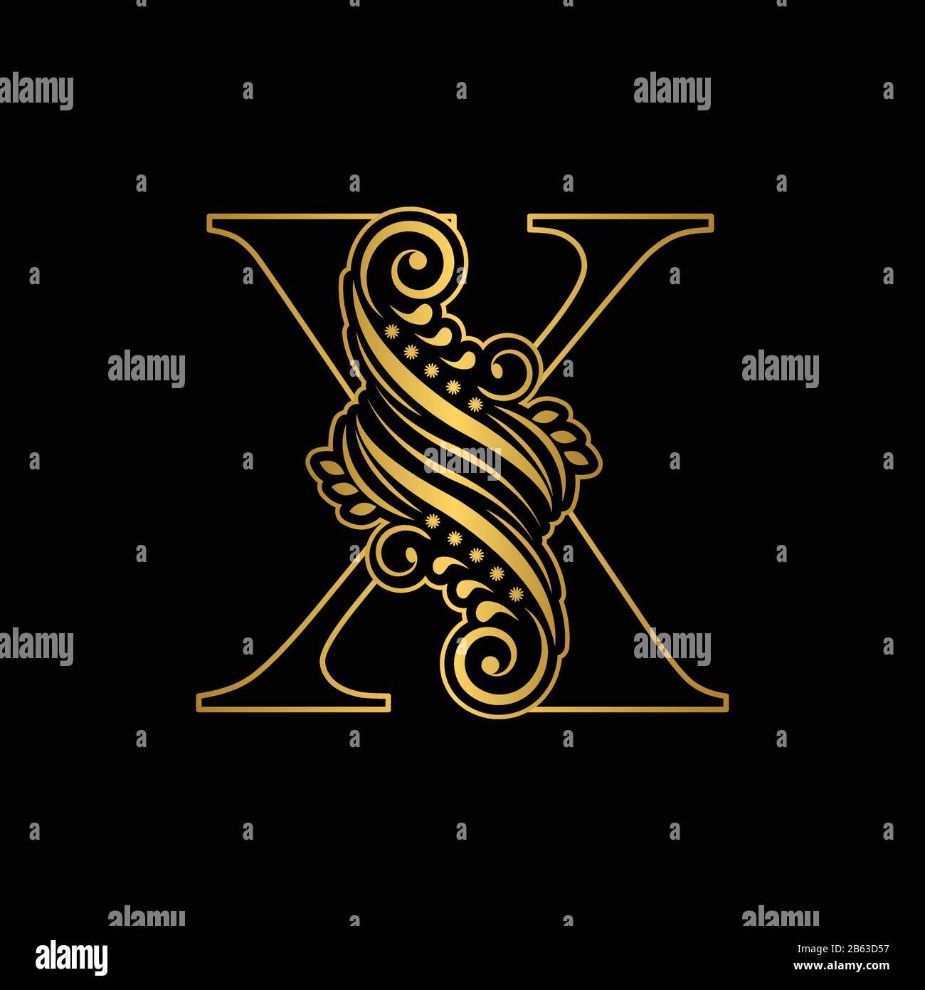 Gold letter X. Vintage golden flower ornament initial letters. Alphabet ...