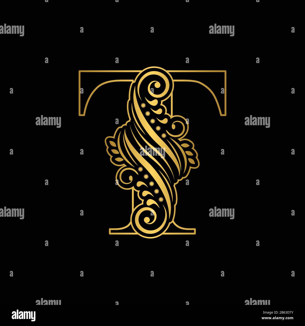 Gold letter T. Vintage golden flower ornament initial letters. Alphabet ...