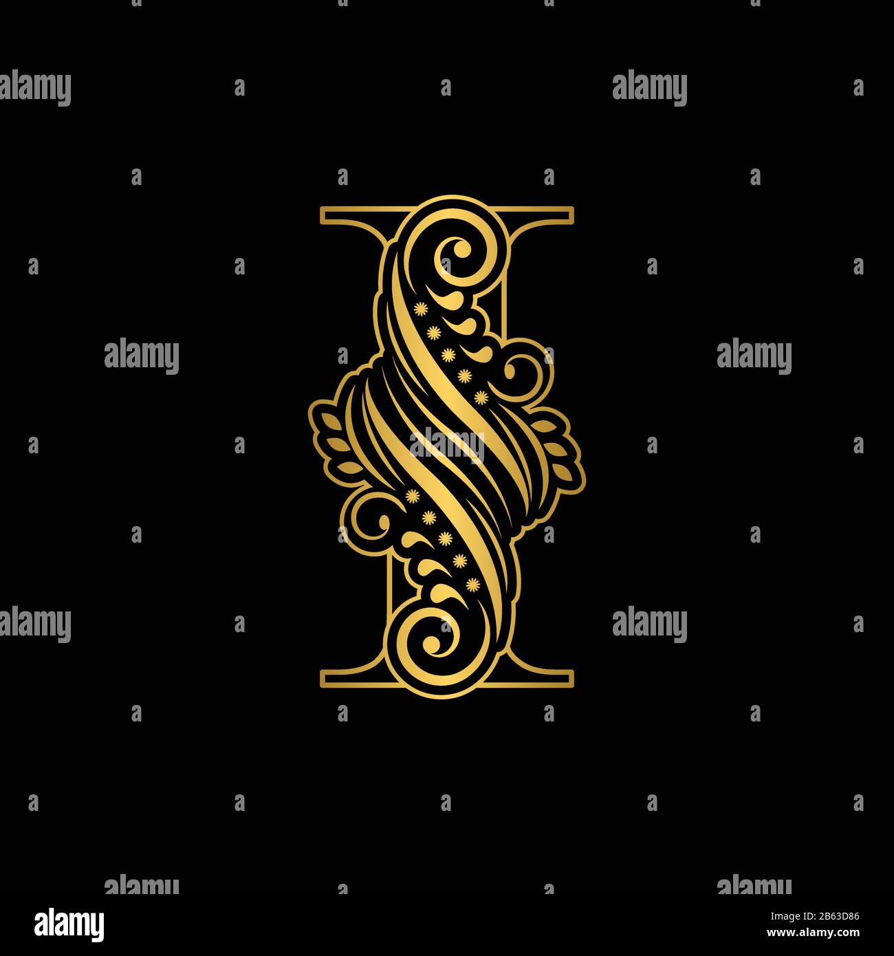 Gold letter I. Vintage golden flower ornament initial letters. Alphabet ...