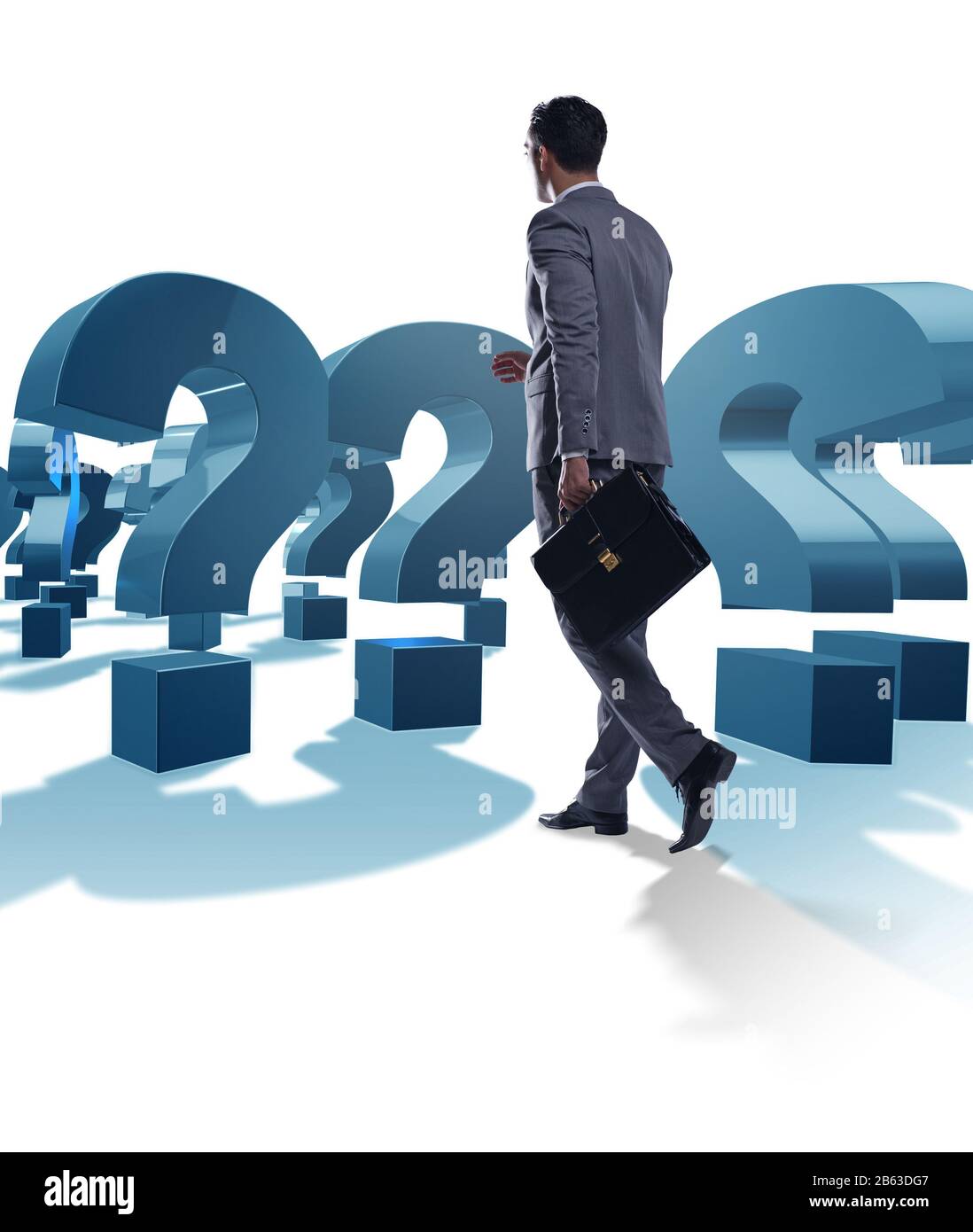 The businessman with question marks isolated on white Stock Photo - Alamy