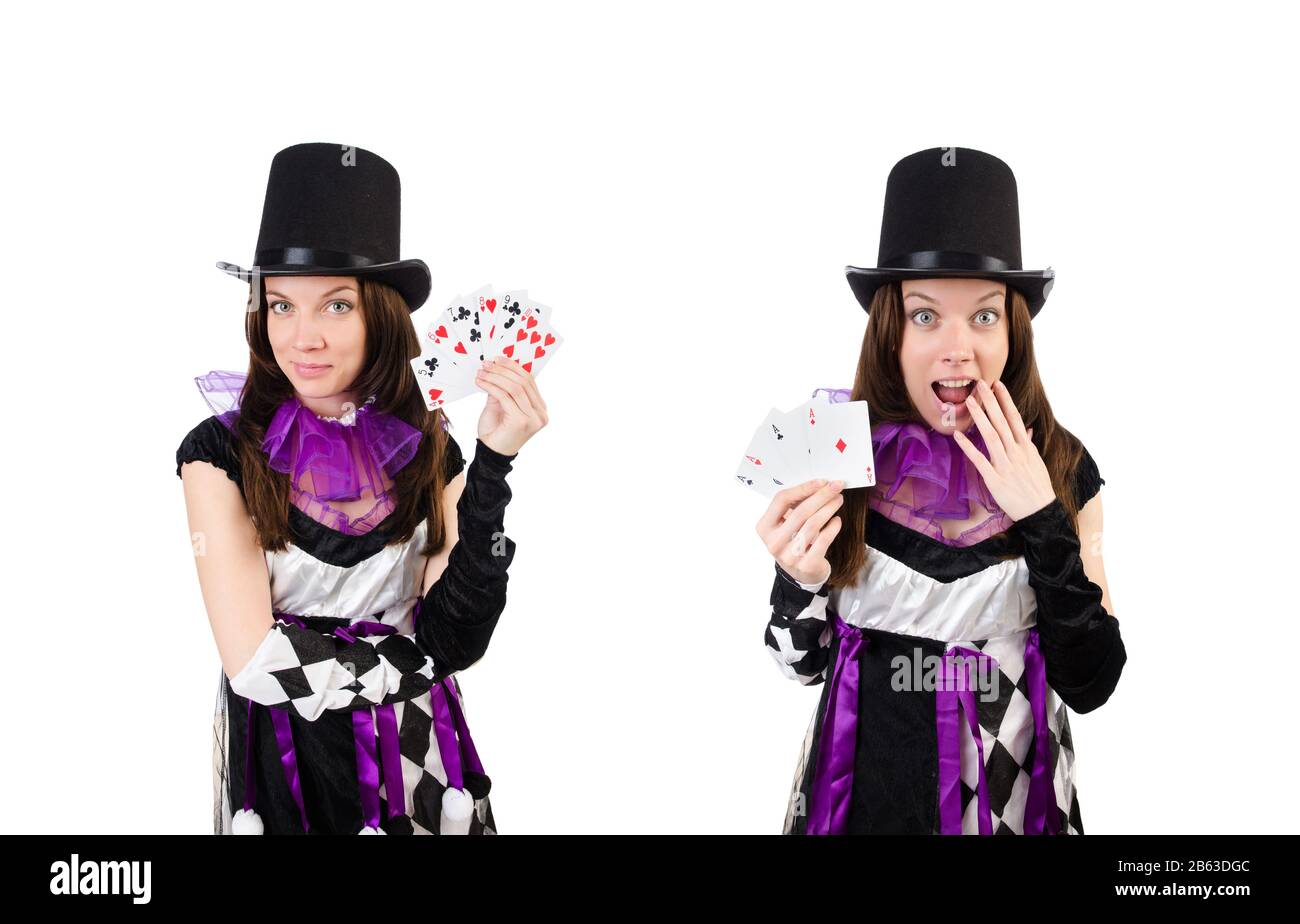 The pretty girl in jester costume with cards isolated on white Stock ...