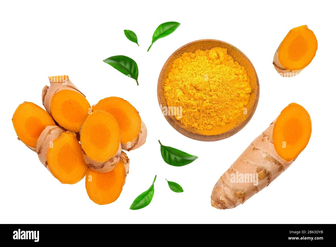 turmeric root slices isolated on white background. Top view. Flat lay ...