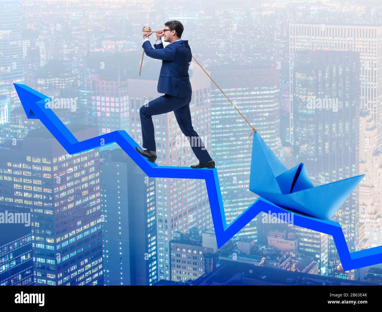 The businessman pulling boat over line chart Stock Photo - Alamy