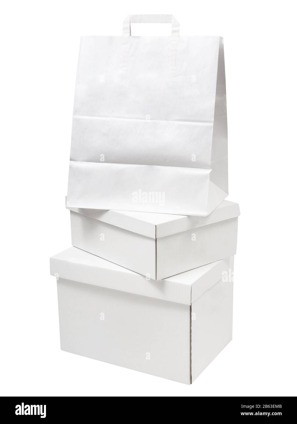 Pile of blank white paper boxes and paper bag packages isolated on ...