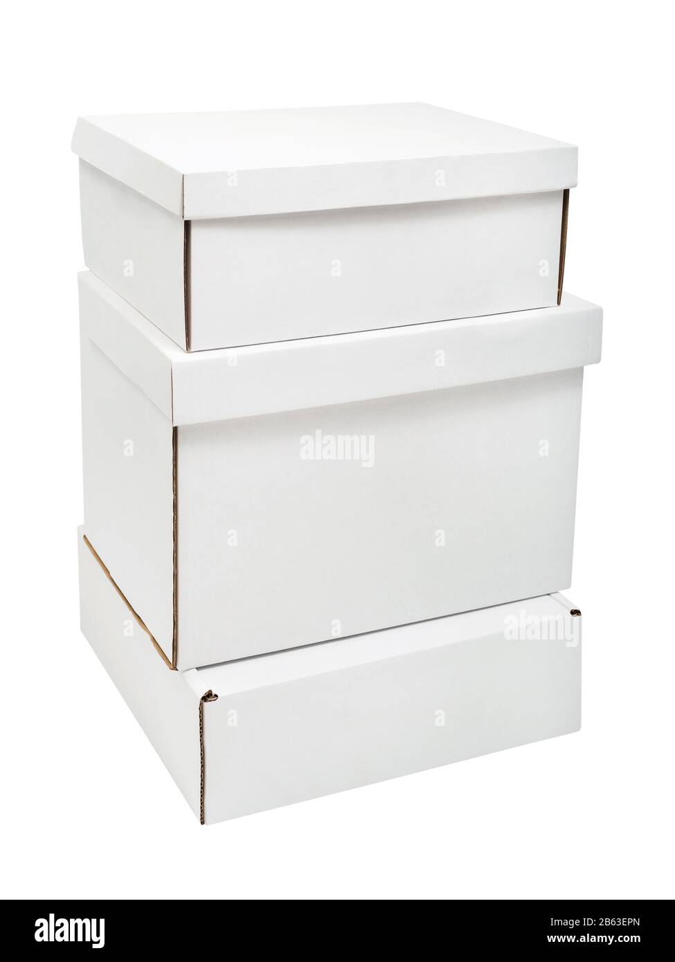 Set of three blank white cardboard boxes isolated on white background ...
