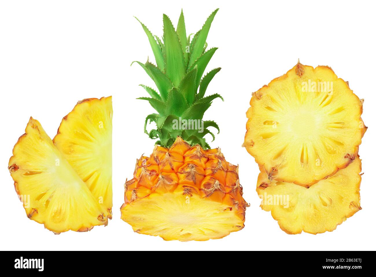 pineapple half with slice isolated on white background with full depth ...