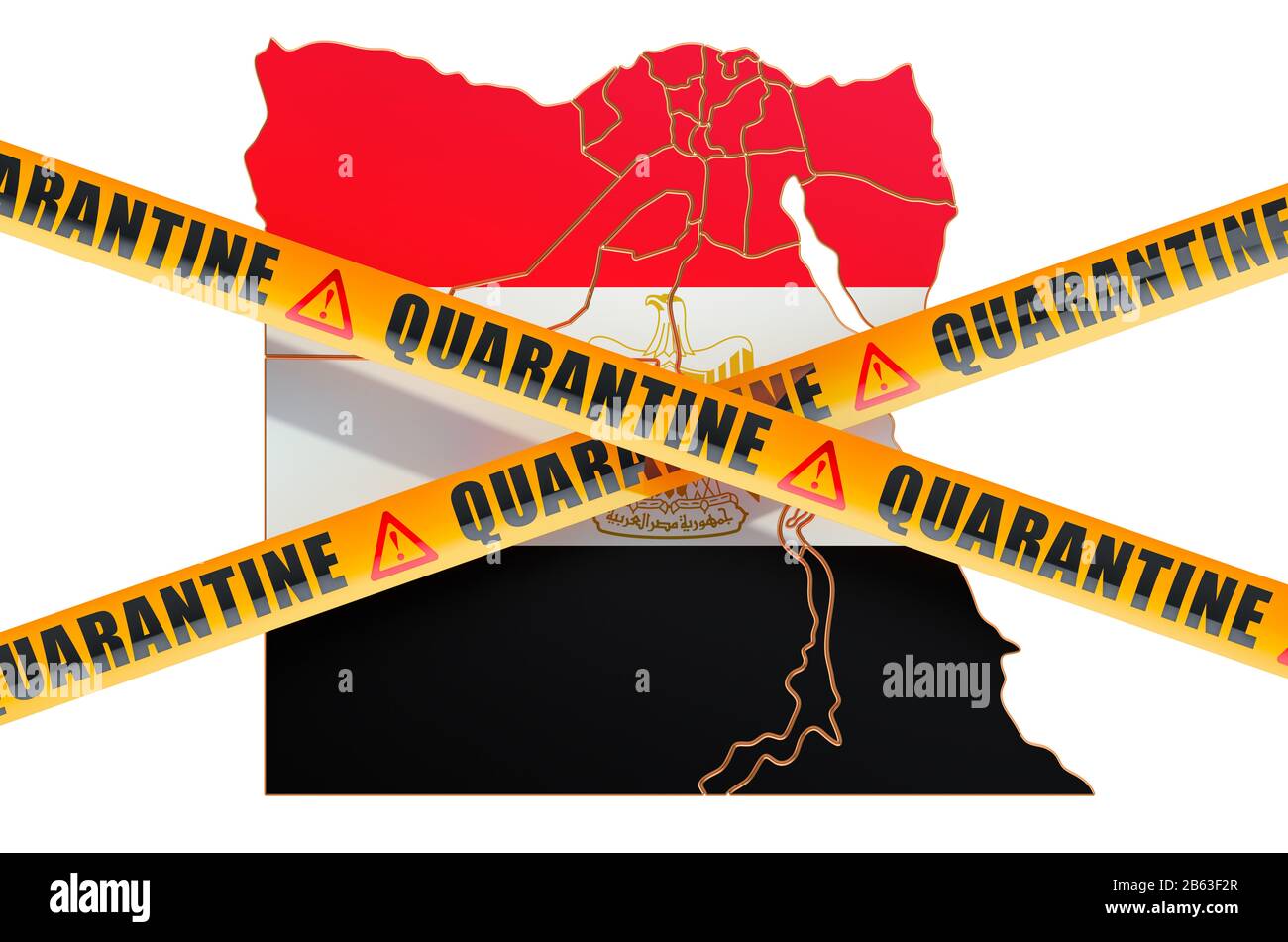 Quarantine in Egypt concept. Egyptian map with caution barrier tapes ...