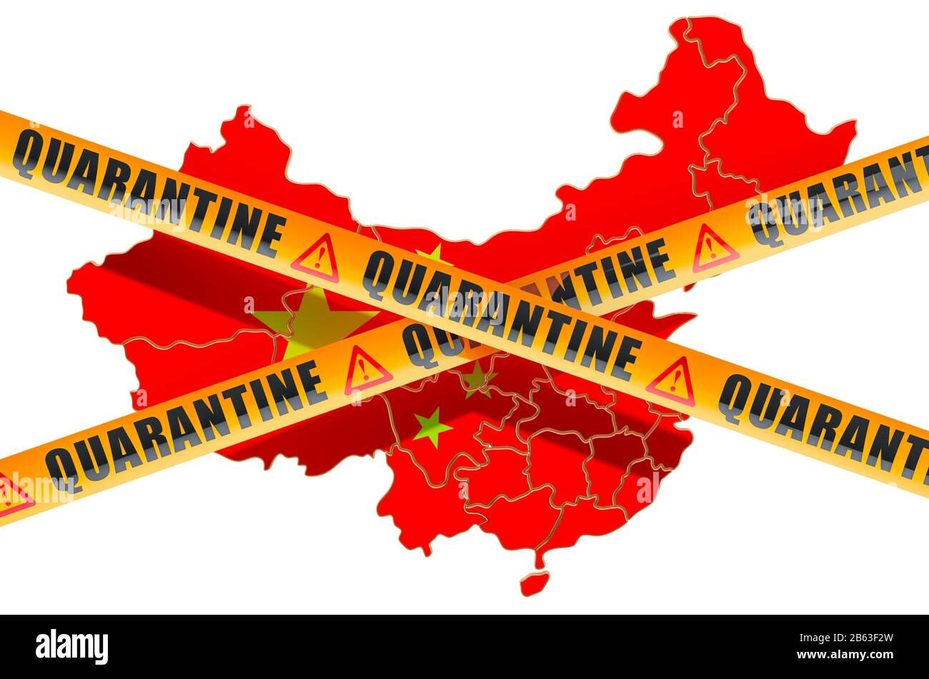 Quarantine in China concept. Chinese map with caution barrier tapes, 3D ...
