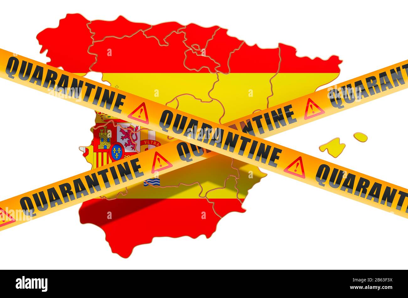 Quarantine in Spain concept. Spanish map with caution barrier tapes, 3D ...