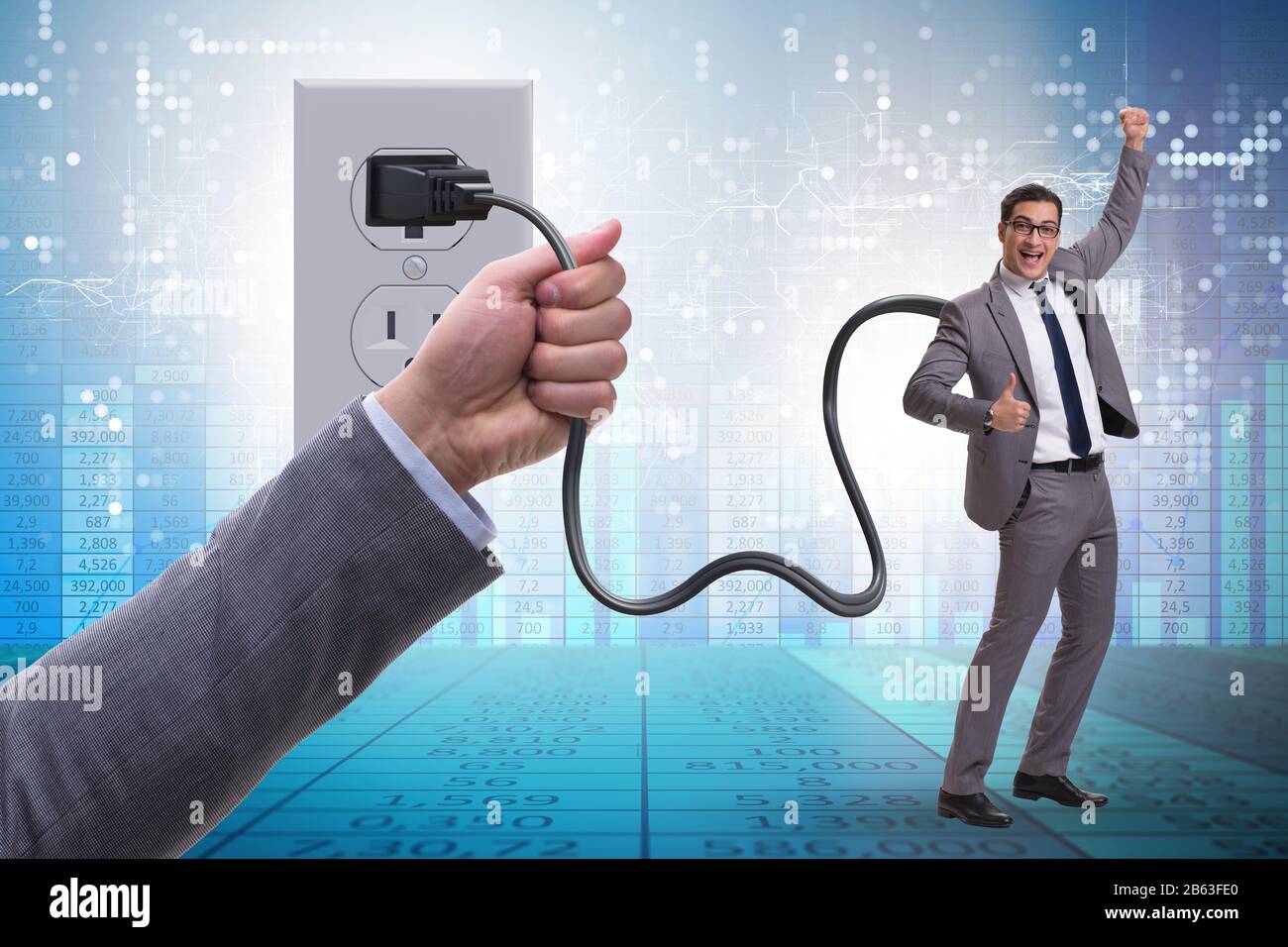 Businessman being powered by electricity and plug Stock Photo - Alamy
