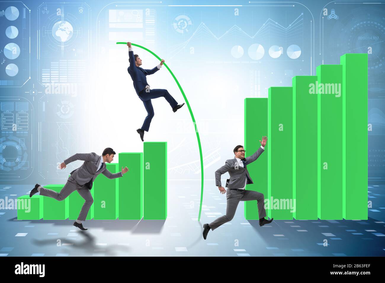 Businessman vault jumping over bar charts Stock Photo - Alamy