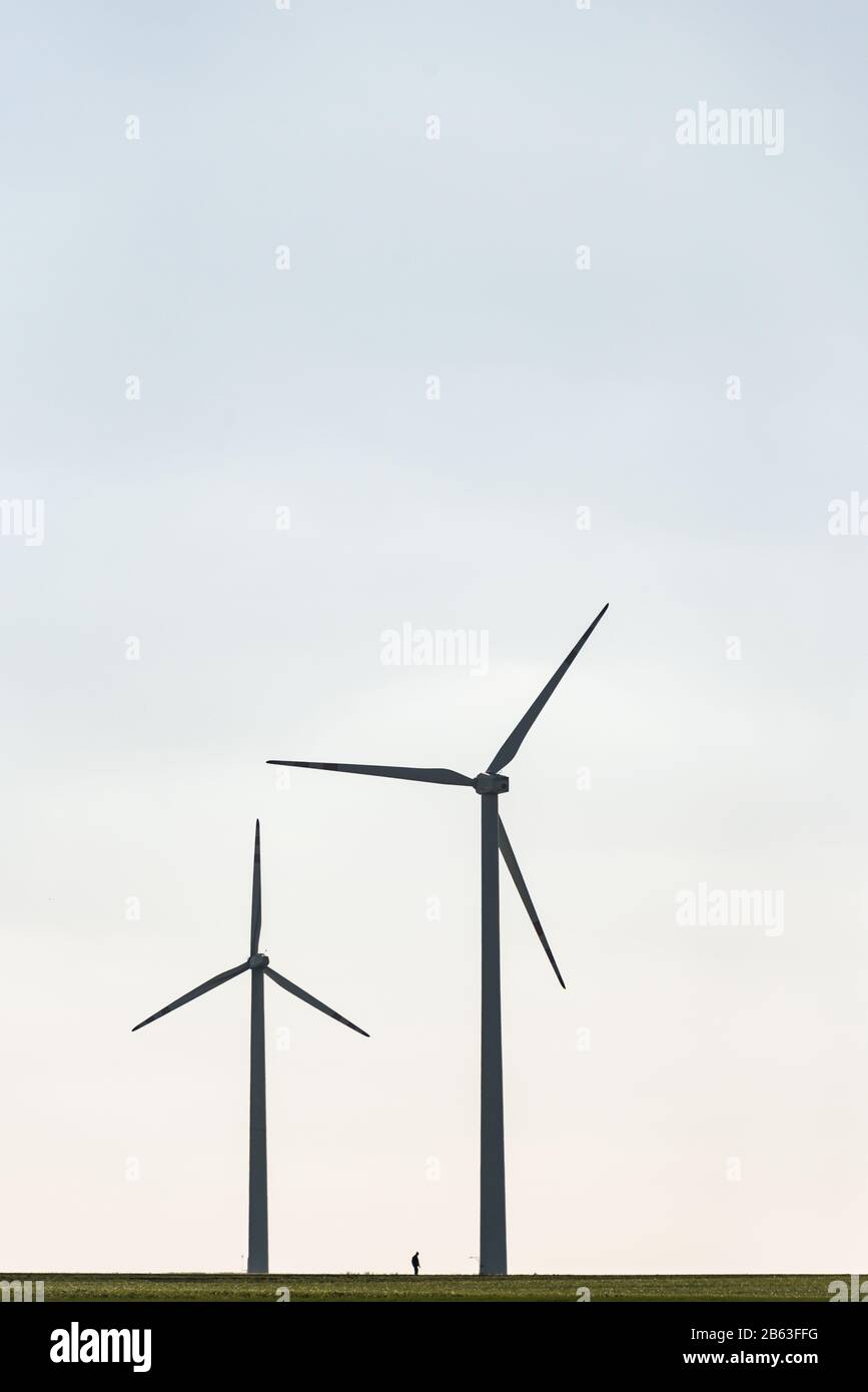Two wind farms and a human silhouette showing the scale of windmill and ...