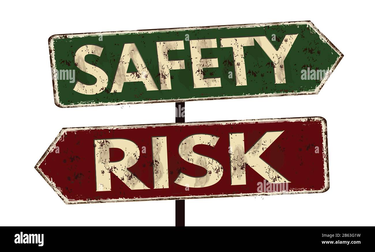 Risk -Safety vintage rusty metal sign post on a white background ...