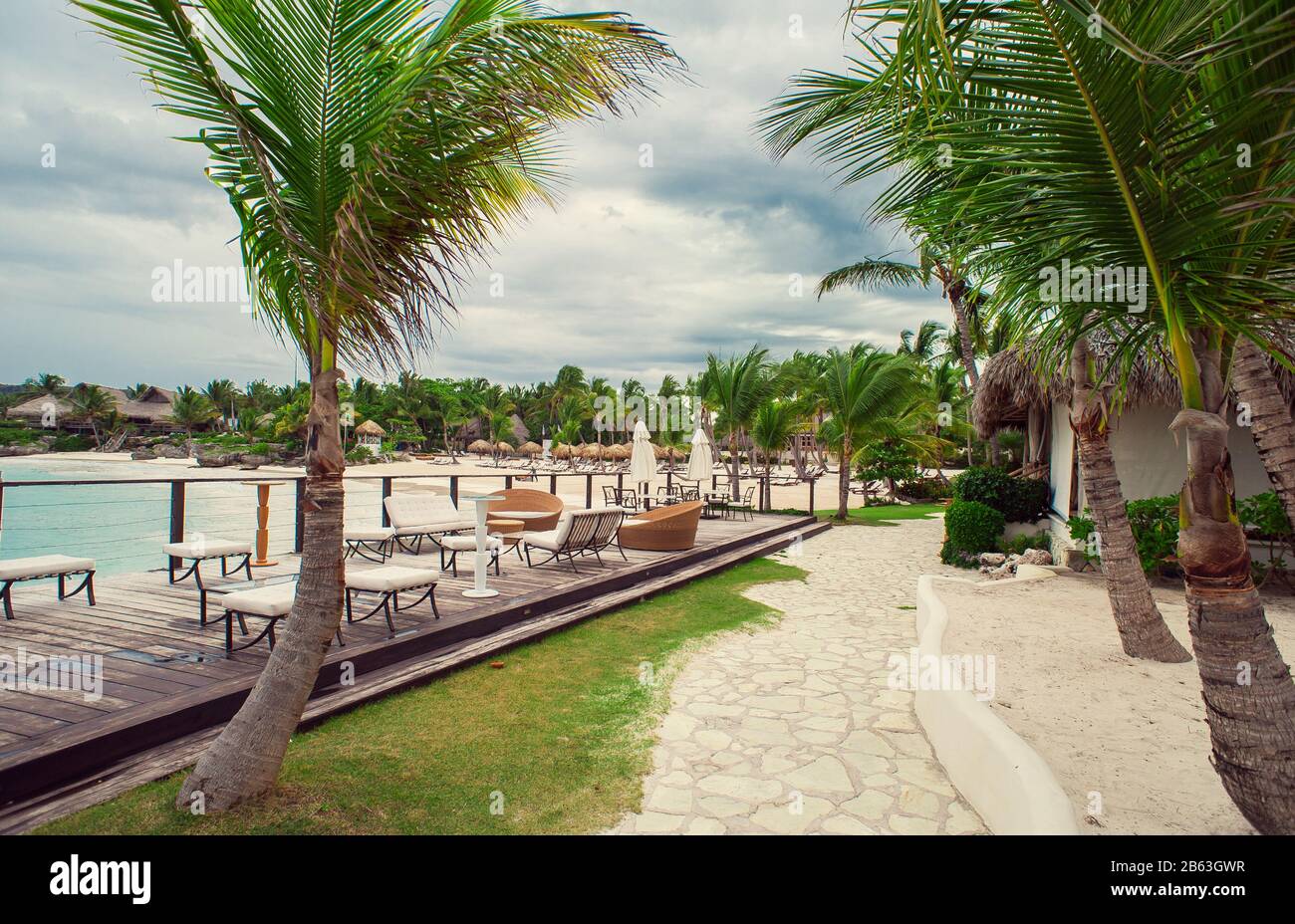 Table setting in tropical Outdoor restaurant at the beach. Cafe on ...