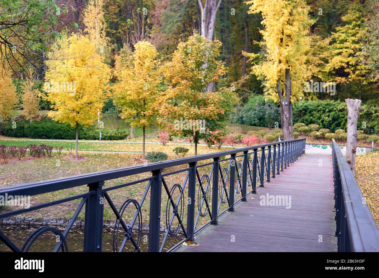 Perspective view of a bridge with wooden floor Stock Photo - Alamy