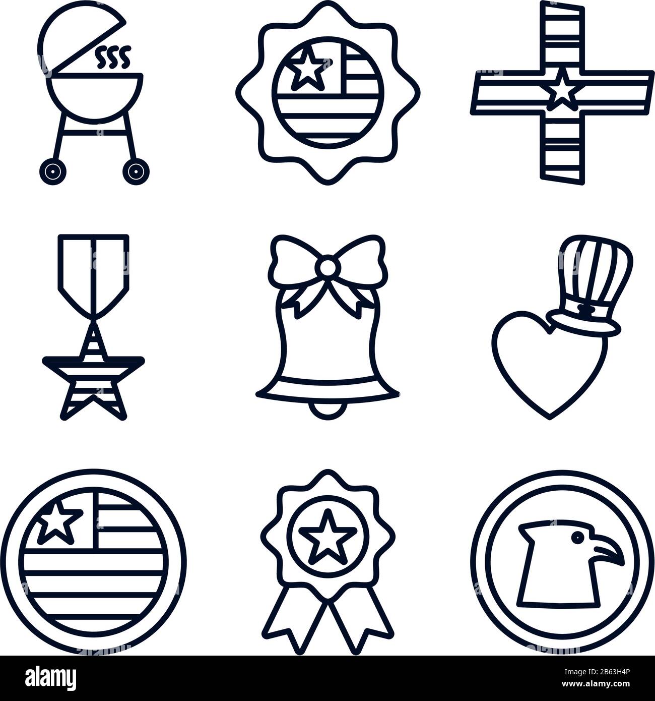 line style icon set design, Memorial day holiday patriotic freedom ...