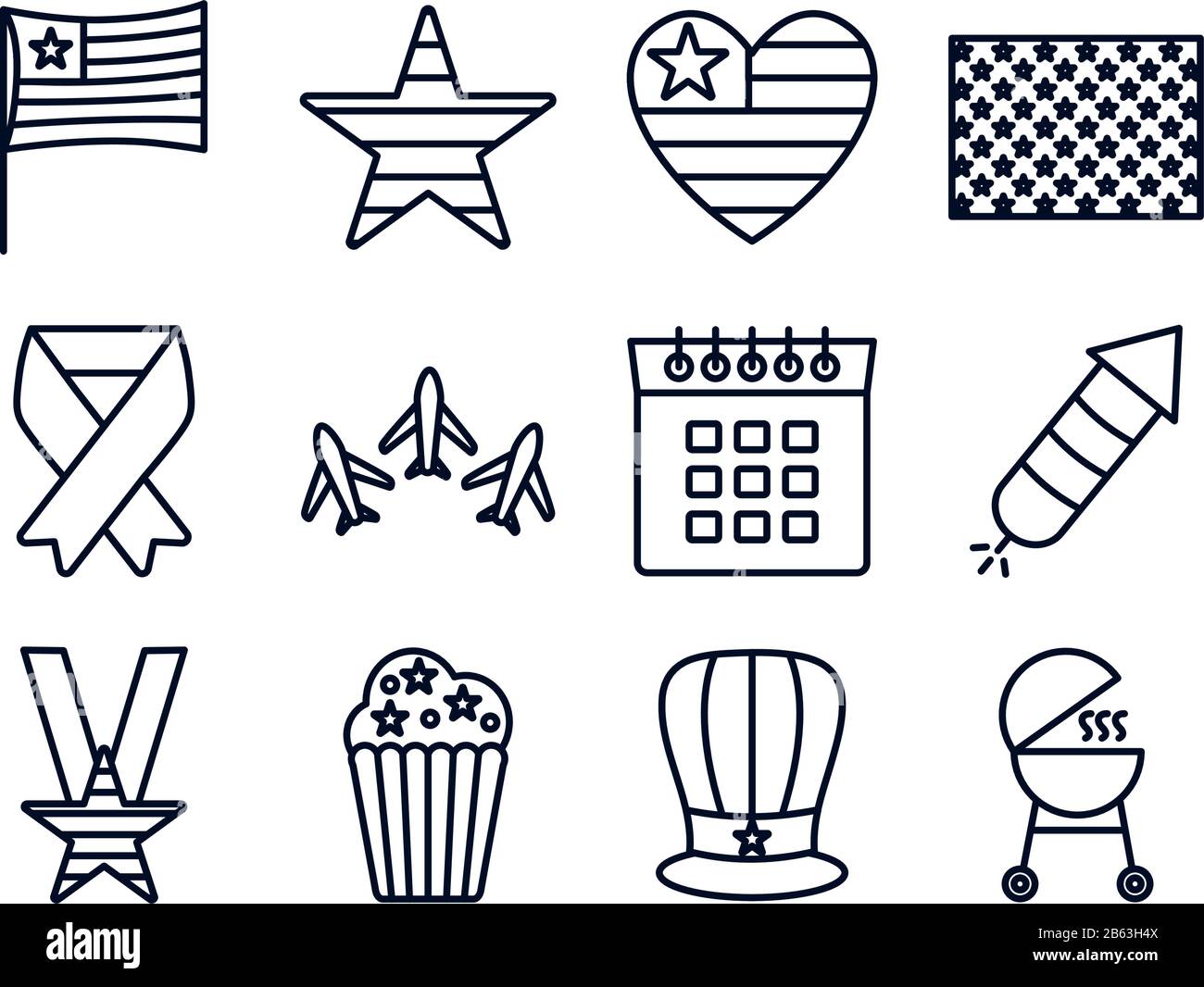 line style icon set design, Memorial day holiday patriotic freedom ...