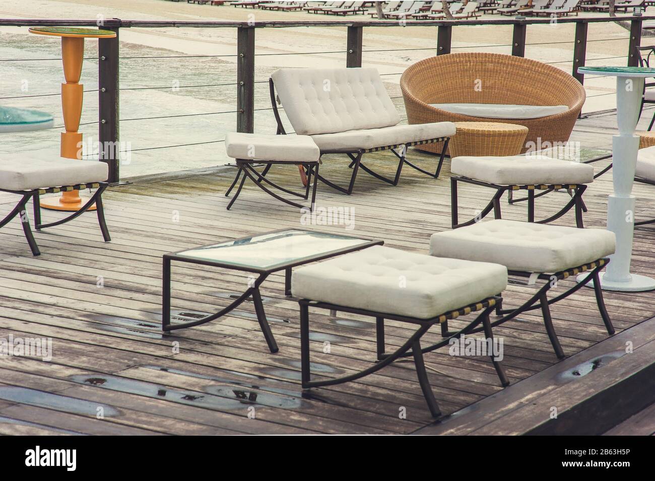 Table setting in tropical Outdoor restaurant at the beach. Cafe on ...