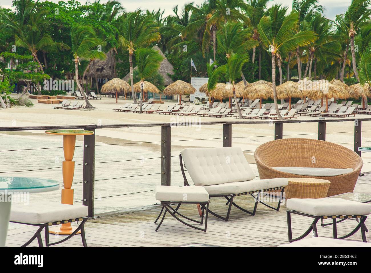Table setting in tropical Outdoor restaurant at the beach. Cafe on ...