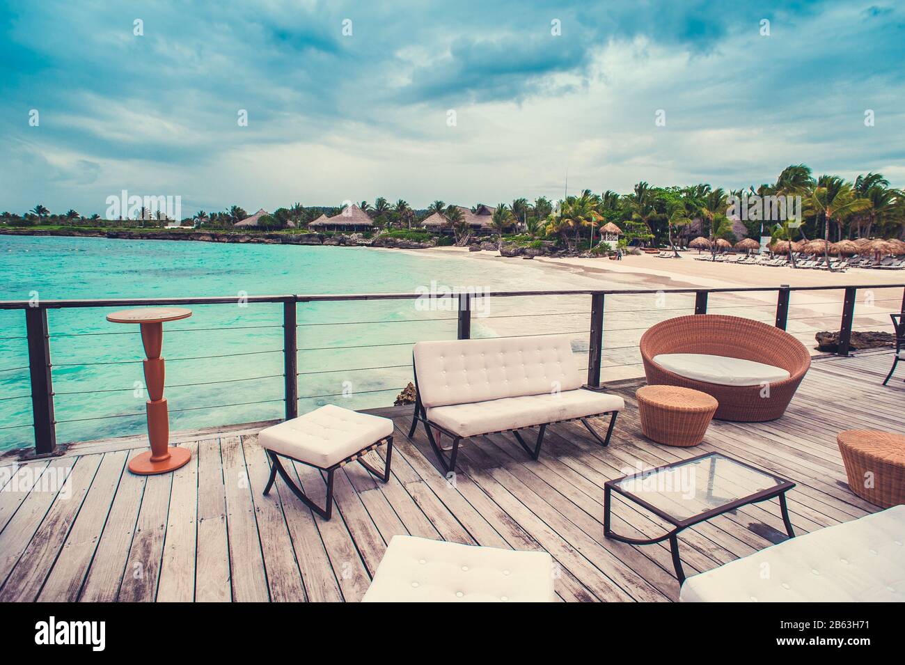 Table setting in tropical Outdoor restaurant at the beach. Cafe on ...
