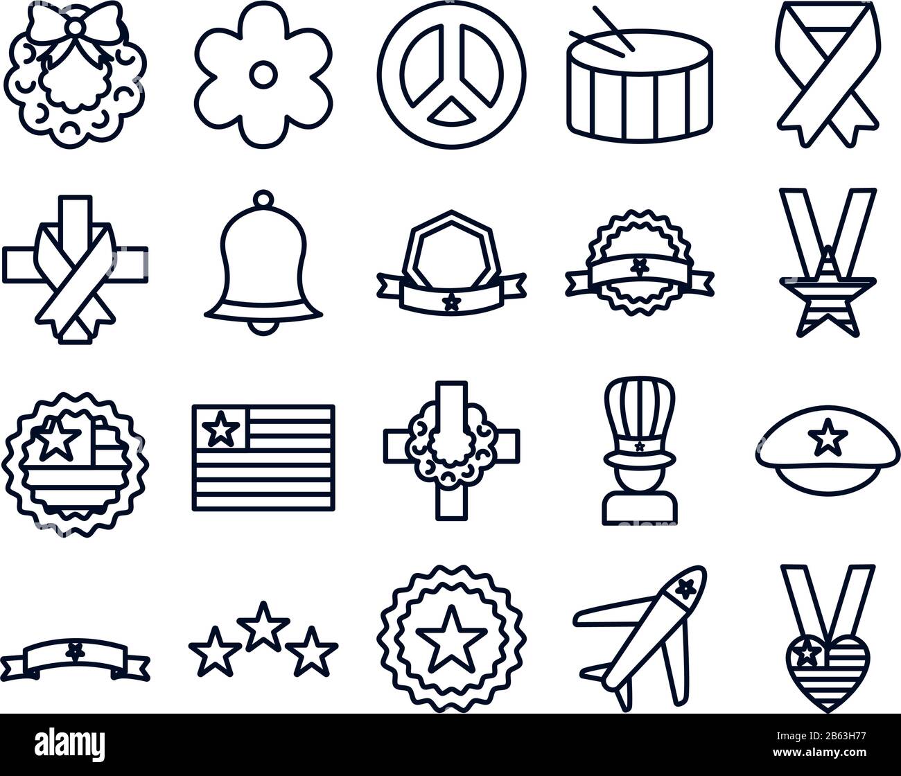 line style icon set design, Memorial day holiday patriotic freedom ...