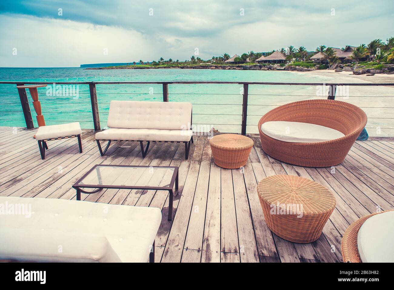 Table setting in tropical Outdoor restaurant at the beach. Cafe on ...