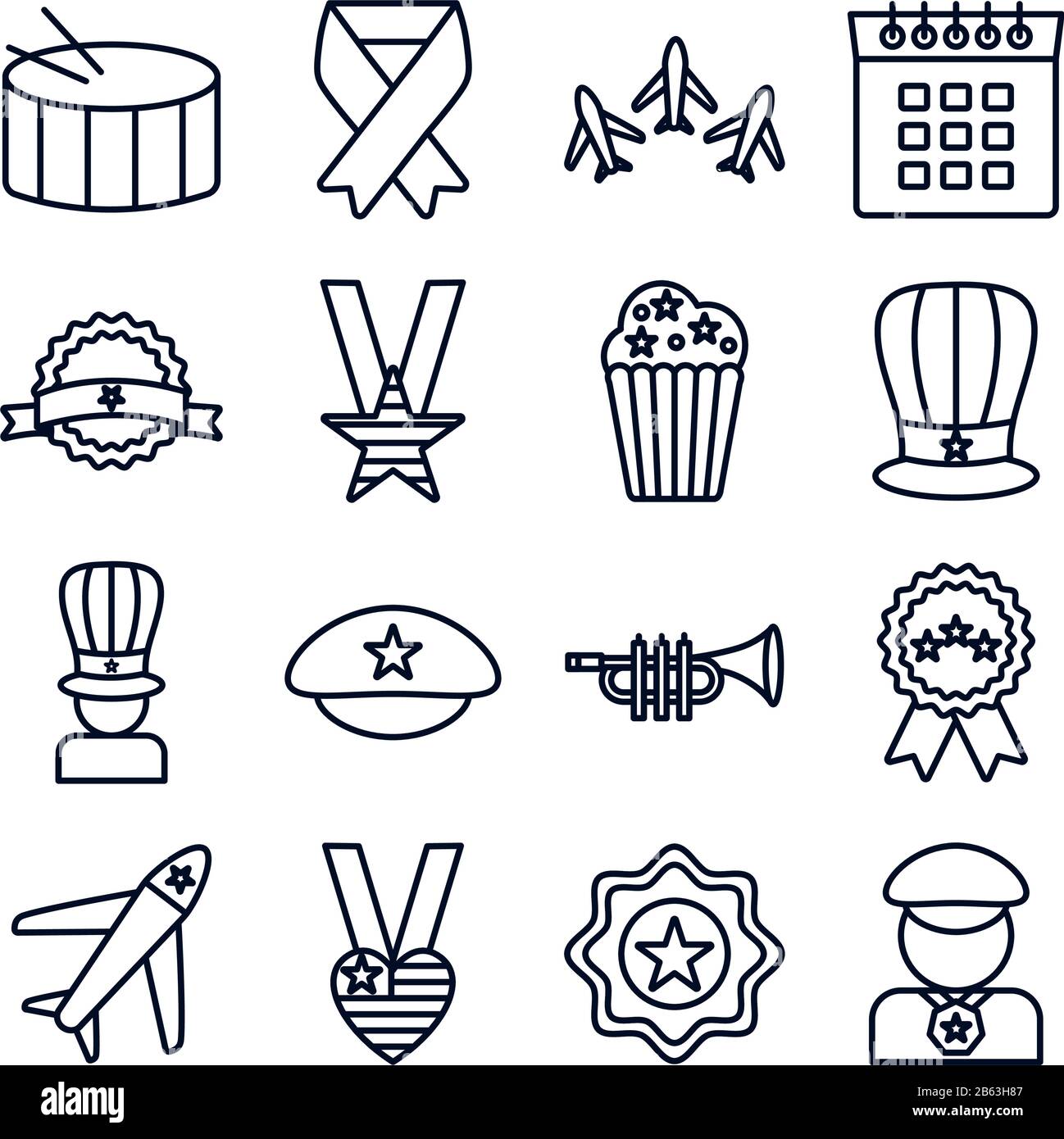 line style icon set design, Memorial day holiday patriotic freedom ...