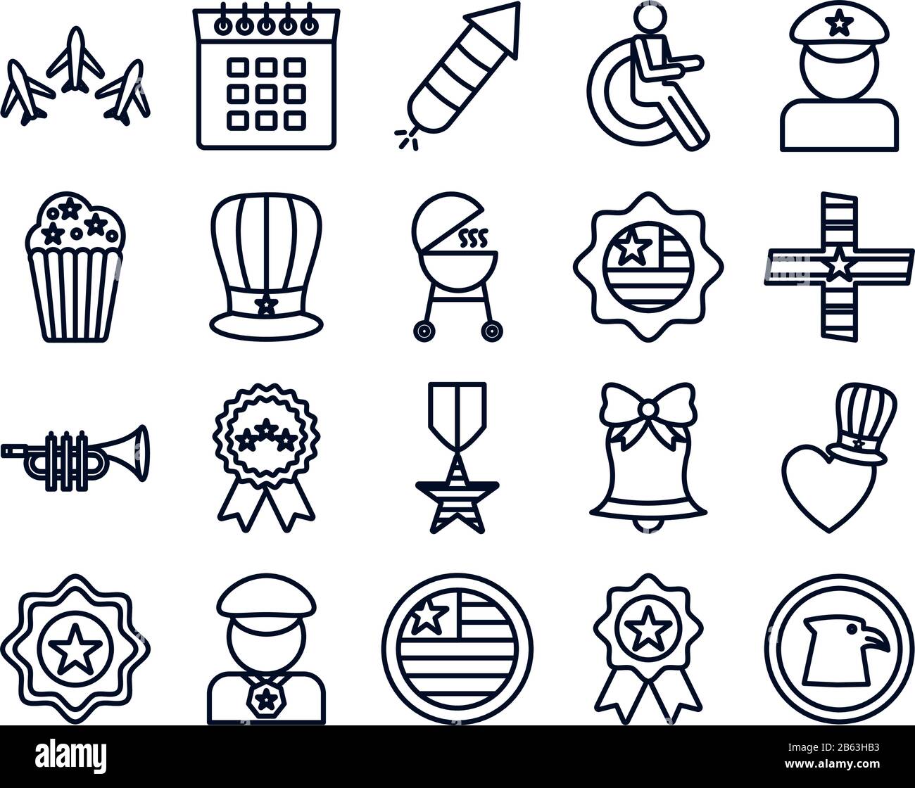 line style icon set design, Memorial day holiday patriotic freedom ...