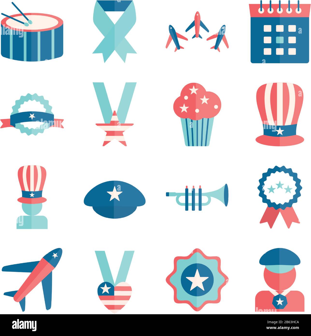 flat style icon set design, Memorial day holiday patriotic freedom ...