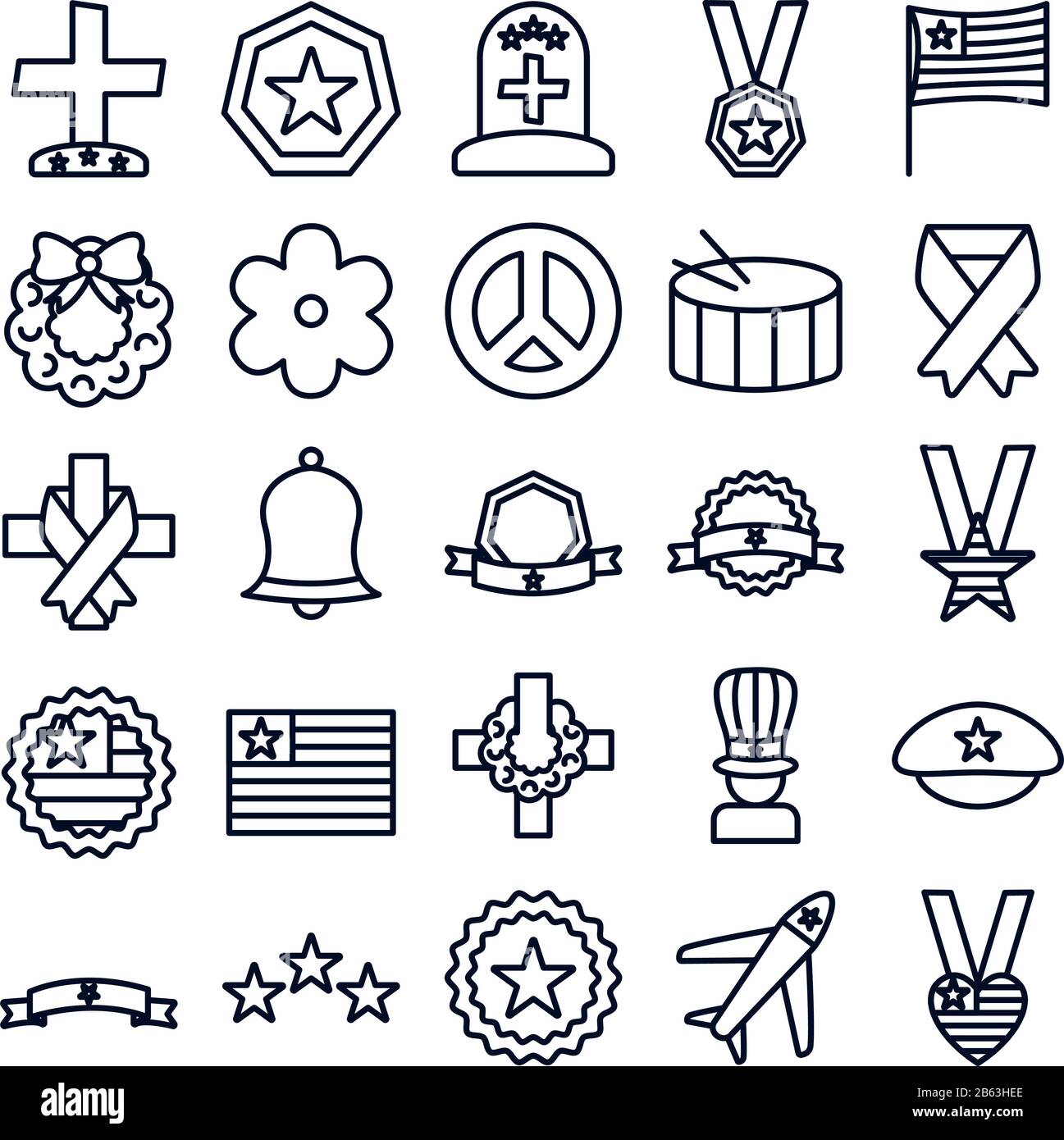 line style icon set design, Memorial day holiday patriotic freedom ...
