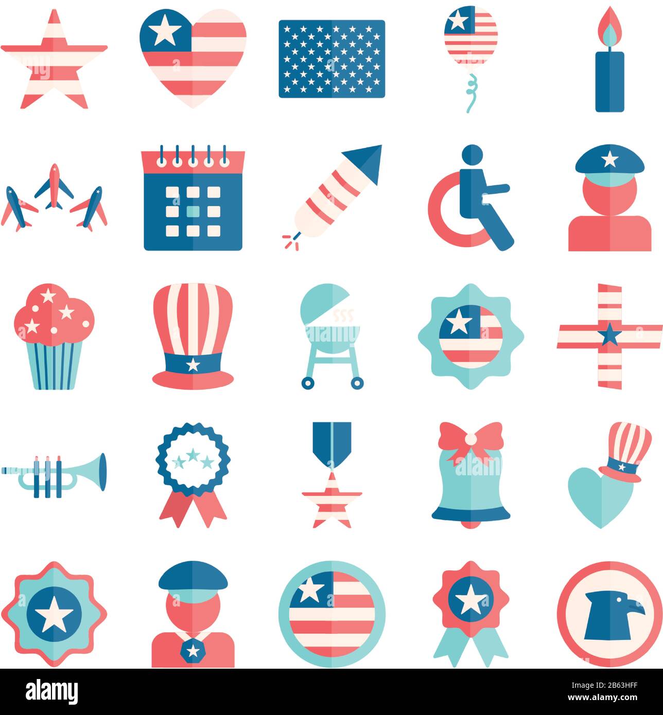 flat style icon set design, Memorial day holiday patriotic freedom ...