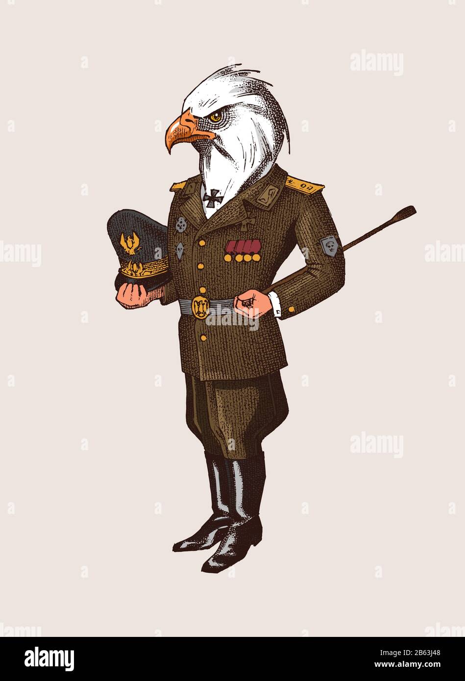 Bald eagle character. Man in military uniform. Hand drawn Engraved old ...