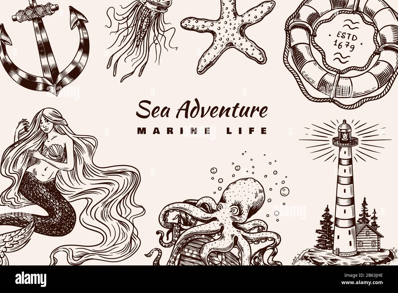 Sea Poster. Nautical banner or background. Lighthouse, mermaid and ...