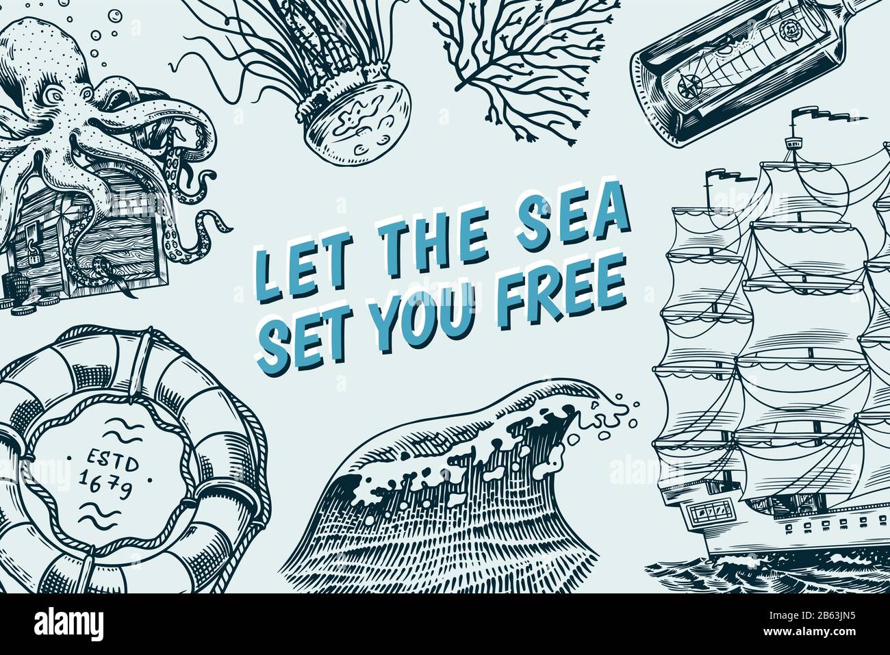 Nautical Poster. Sea banner or background. Lighthouse, mermaid and ...