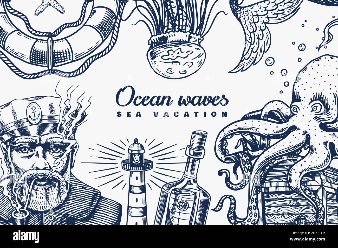 Nautical Poster. Sea banner or background. Lighthouse and marine ...