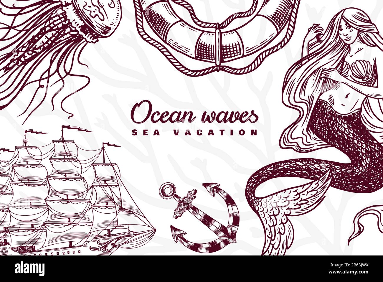 Nautical Poster. Sea banner or background. Lighthouse, mermaid and ...