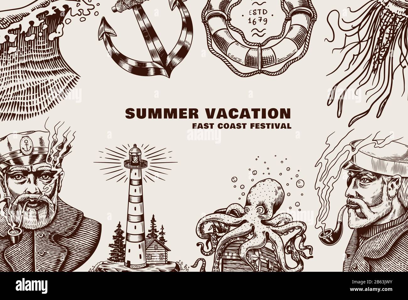 Sea Poster. Nautical banner or background. Lighthouse, mermaid and ...